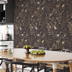 Pale Brown and Dark Blue Forest Wallpaper, Vintage Botanical Forest ...