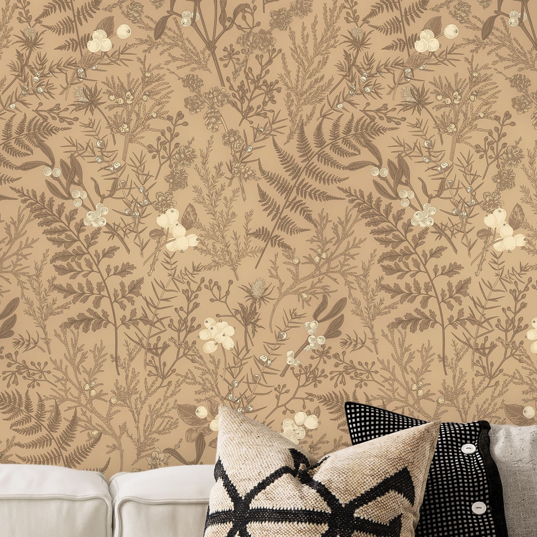 Tan Brown Forest Wallpaper, Vintage Botanical Forest Wallpaper. Roman ...