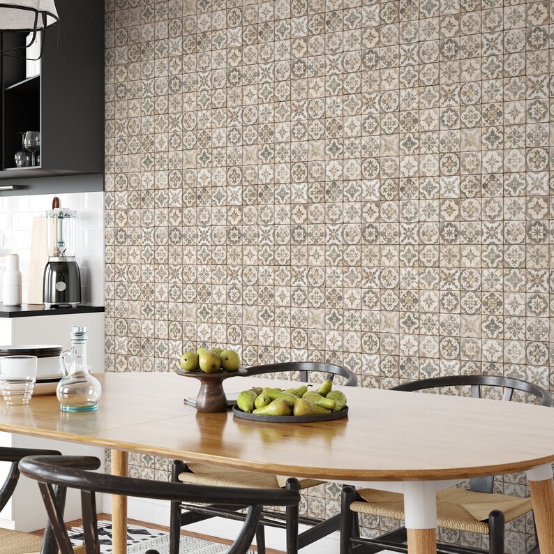 Olive Haze and Antique White Portuguese Tiles Wallpaper, Rustic Tiles ...