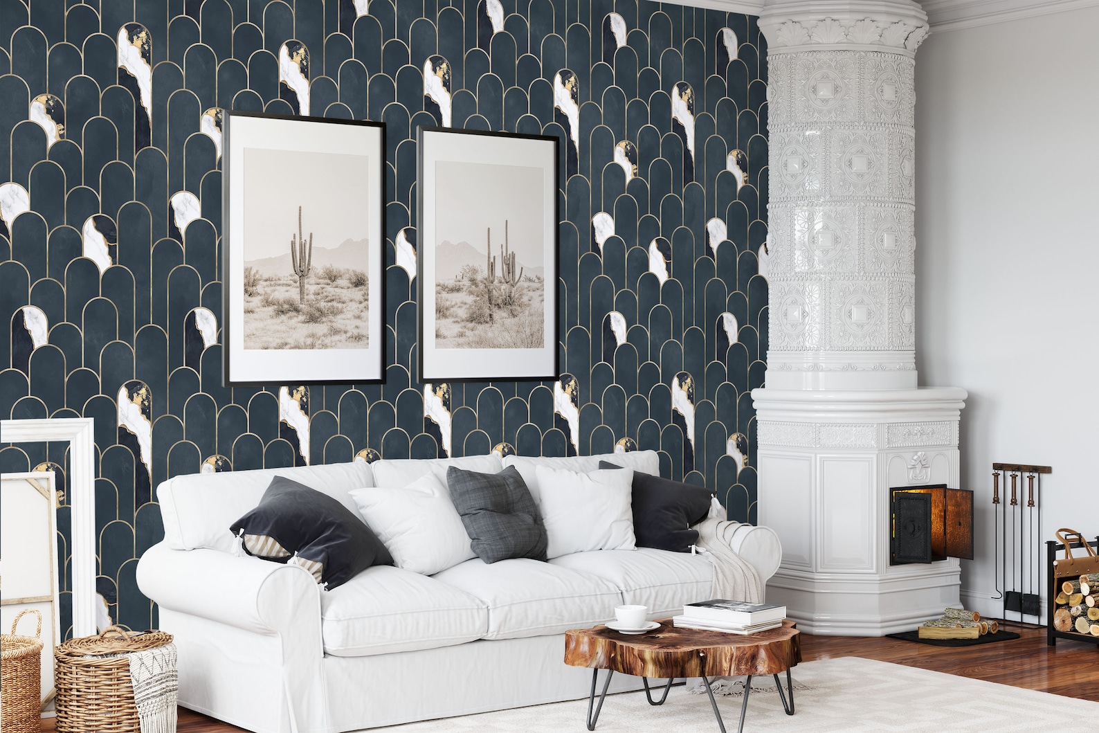 Muted Navy and White Marble Wallpaper, Art Deco Arches Wallpaper. Light ...