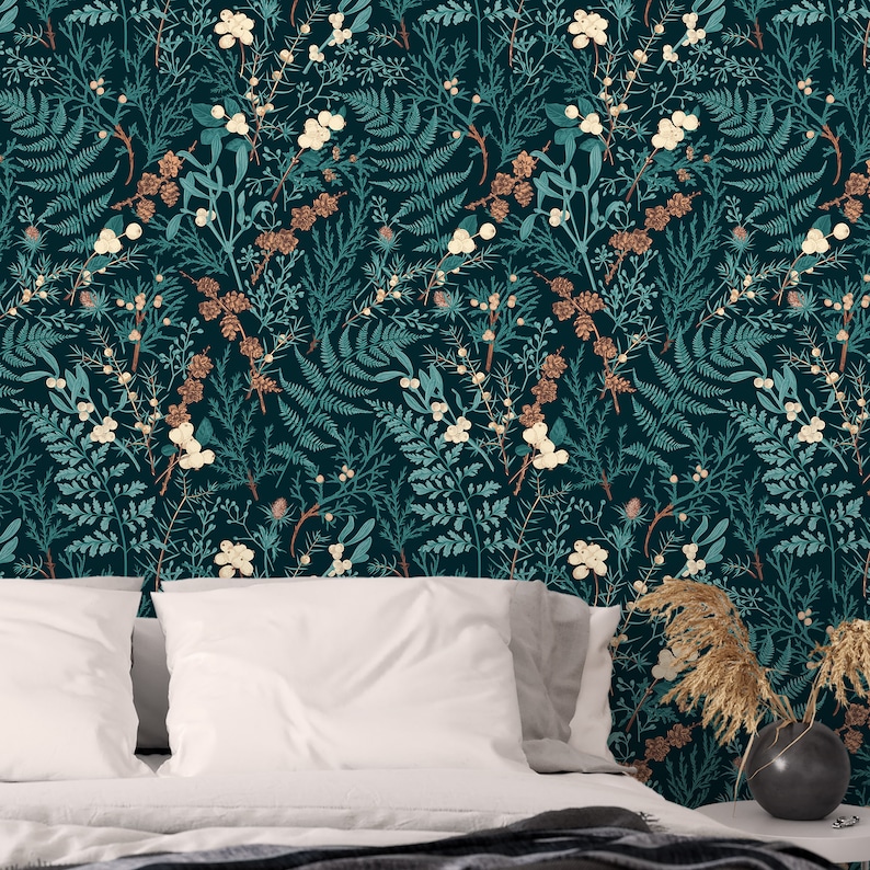 Greenish Blue Forest Wallpaper, Vintage Botanical Forest Wallpaper ...