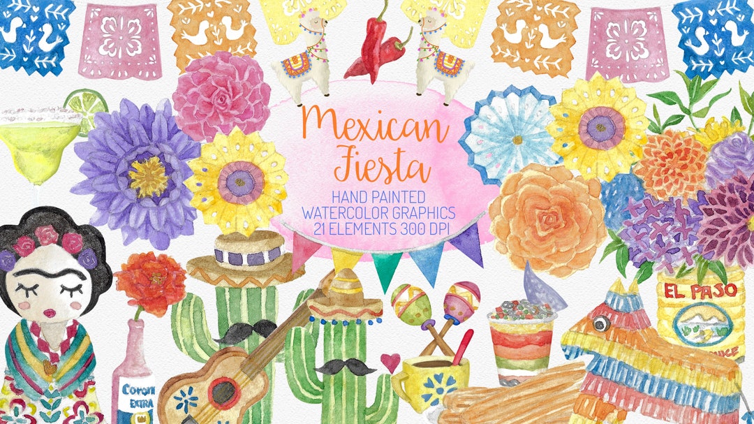 Mexican Fiesta Watercolor Clipart, Digital Graphic, Birthday, Encanto ...