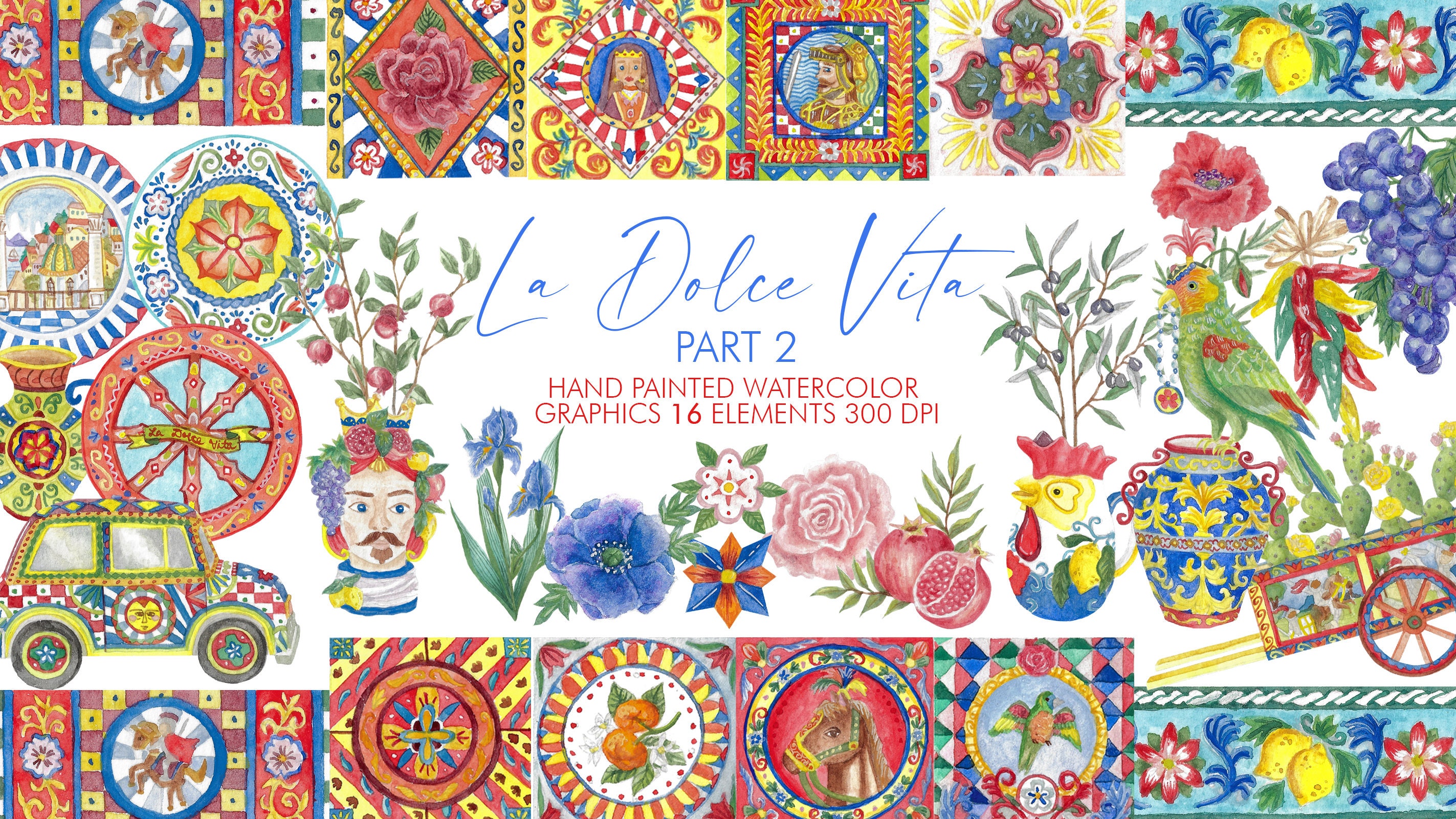 La Dolce Vita Part 2 Watercolor Clipart, Digital Graphics, Chinoiserie ...