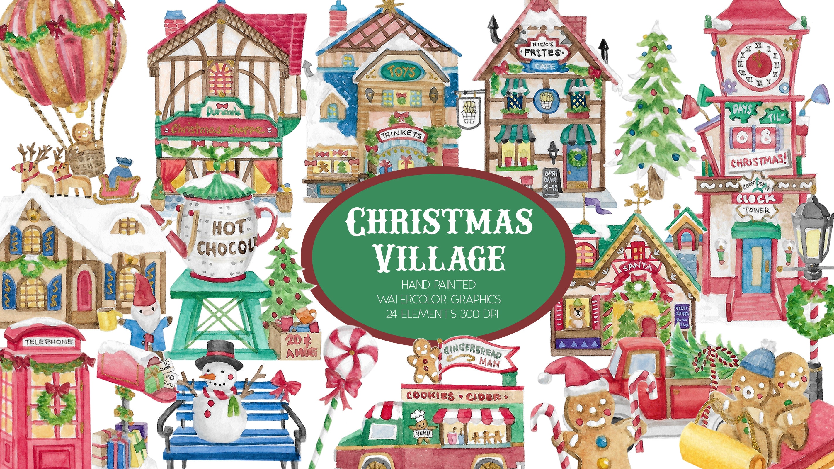 Christmas Village Watercolor Clipart Graphics Festive - Etsy UK