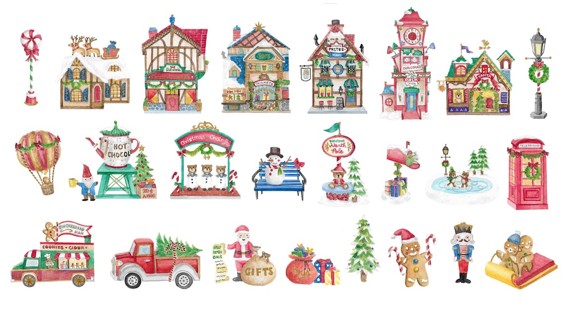 Christmas Village, Watercolor Clipart, Graphics, Festive Season, Santa ...