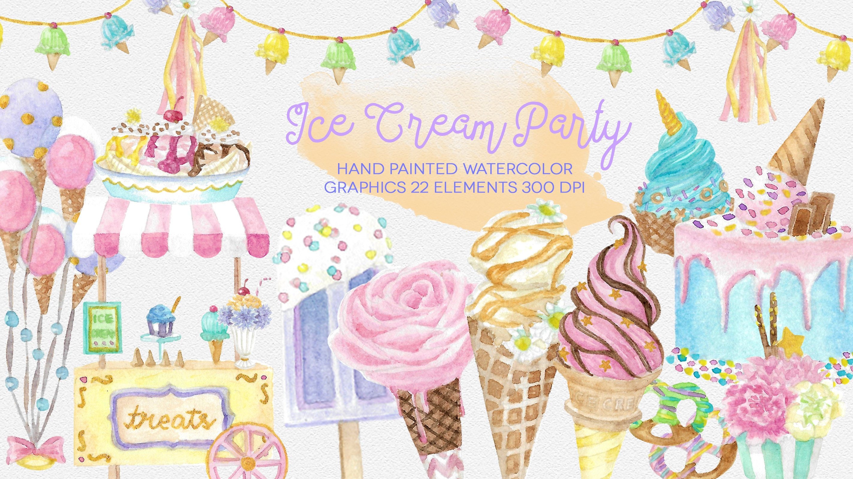 Ice Cream Party Watercolor Clipart, Hand Painted, Popsicle, Summer ...