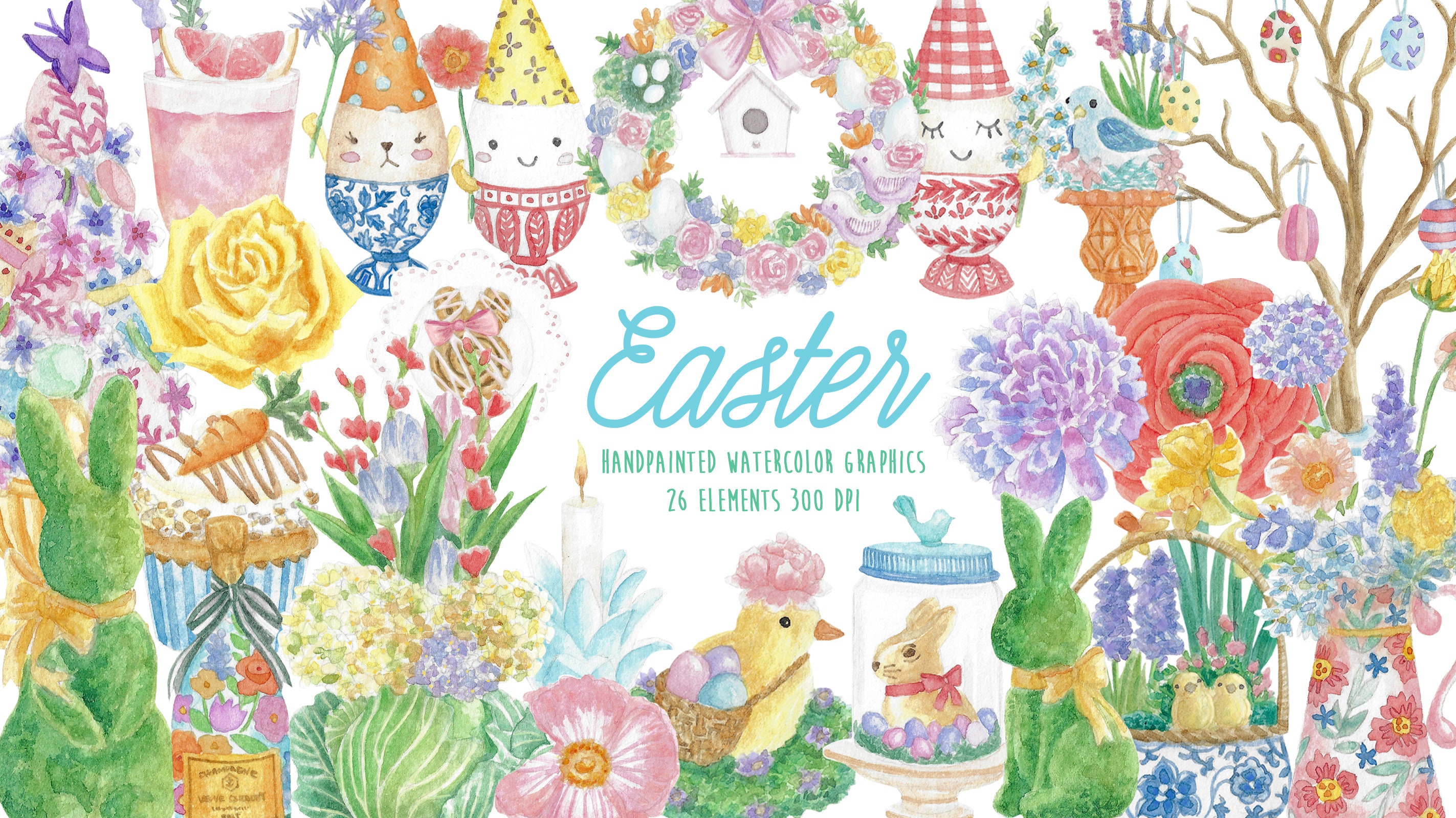 Easter Spring Pastel Watercolor Clipart, Digital Graphics, Wedding ...