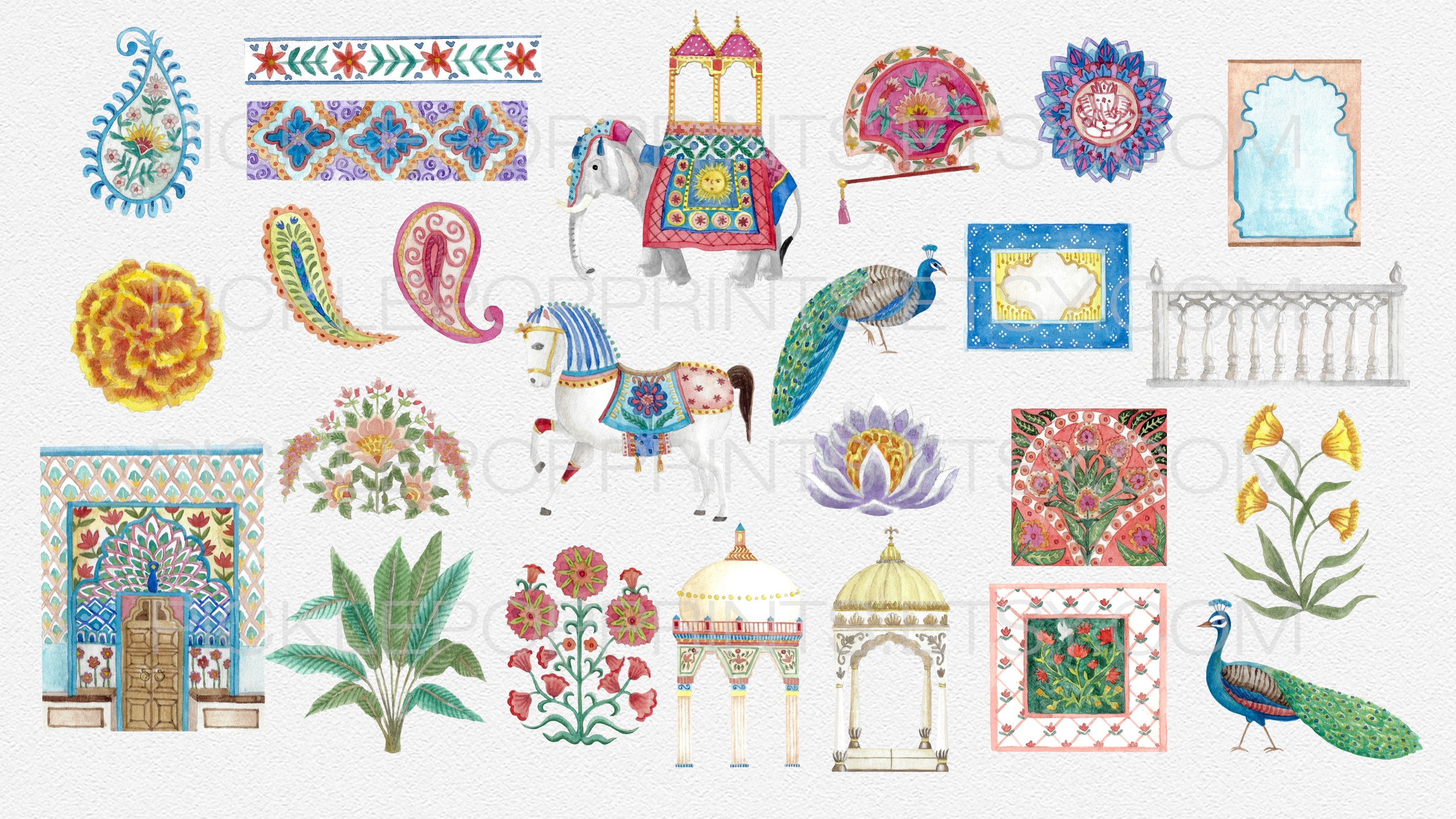 Buy Indian Motifs Watercolor Clipart, Digital Graphics, Wedding ...