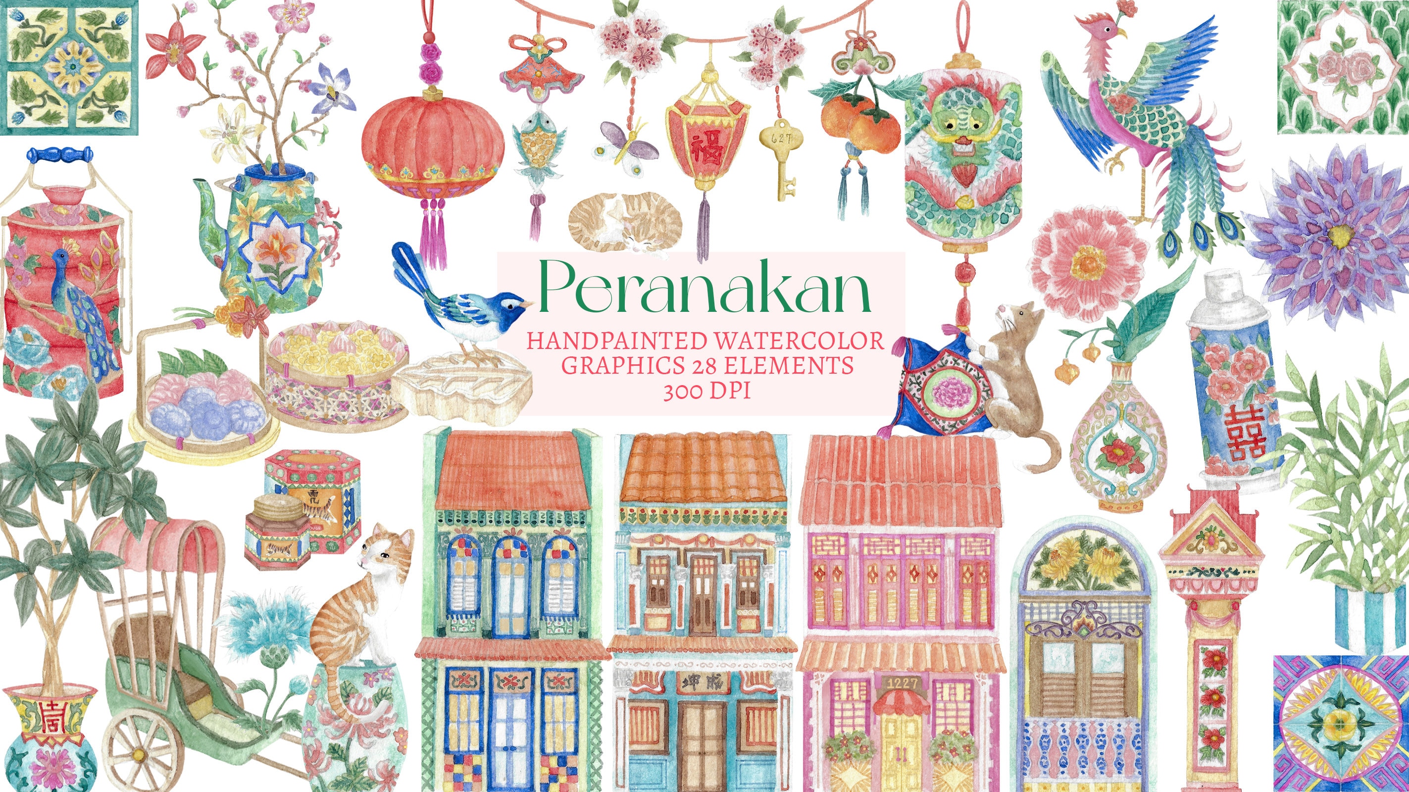Peranakan Watercolor Clipart, Digital Graphics, Chinoiserie, Instant ...
