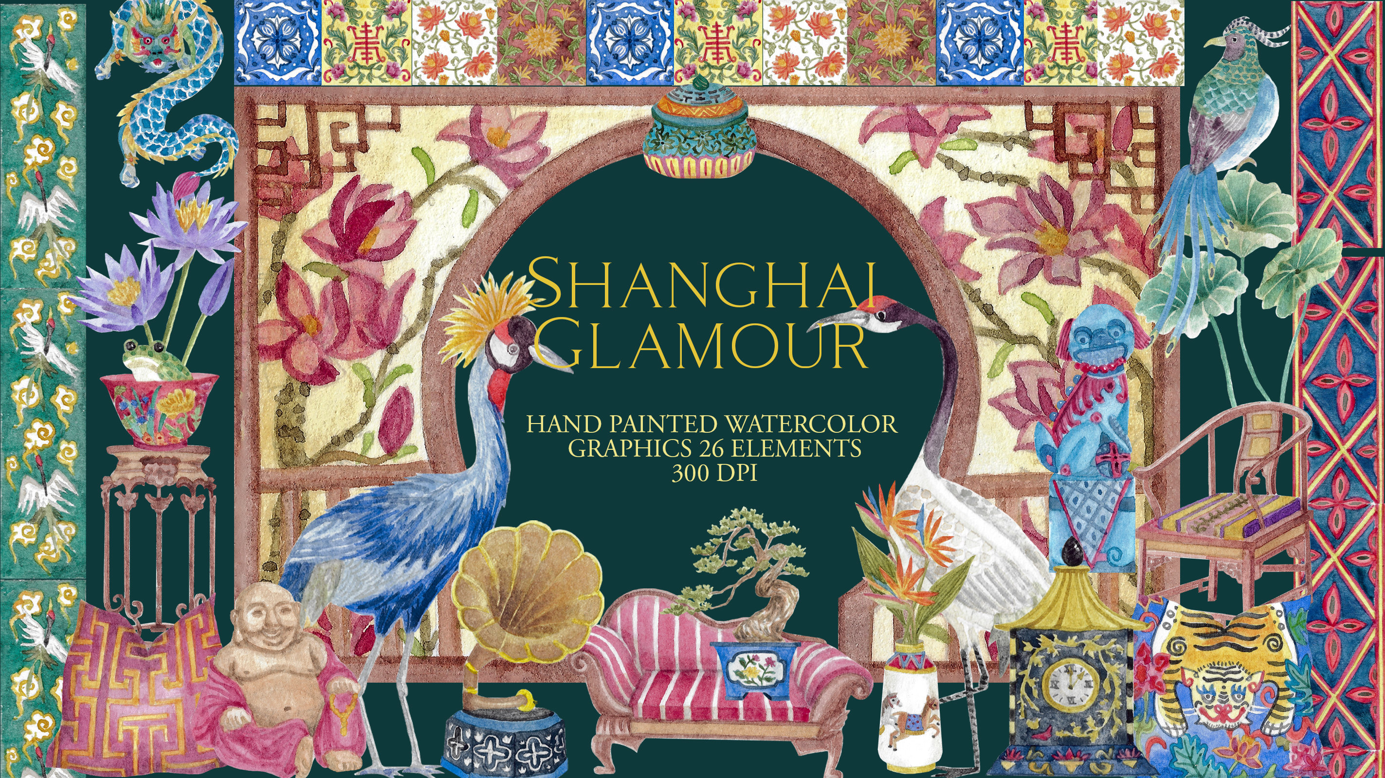 Shanghai Glamour Watercolor Clipart, Digital Graphics, Chinoiserie ...