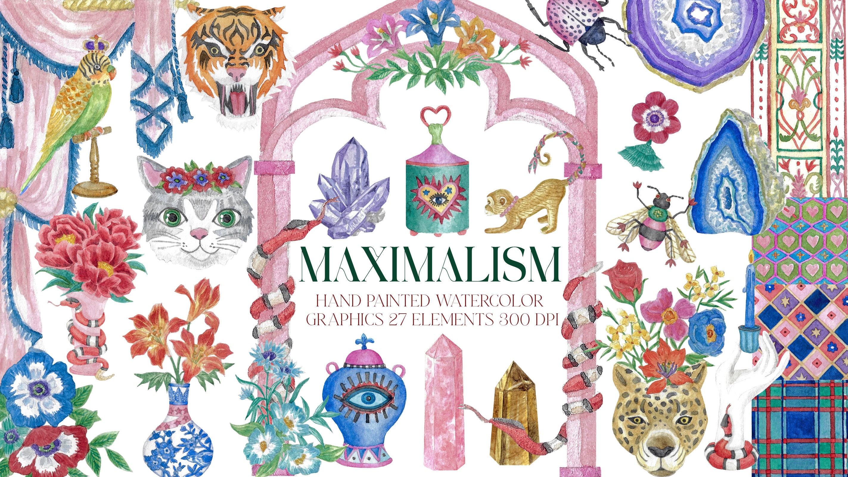 Maximalism Watercolor Clipart, Digital Graphics, Chinoiserie, Instant ...
