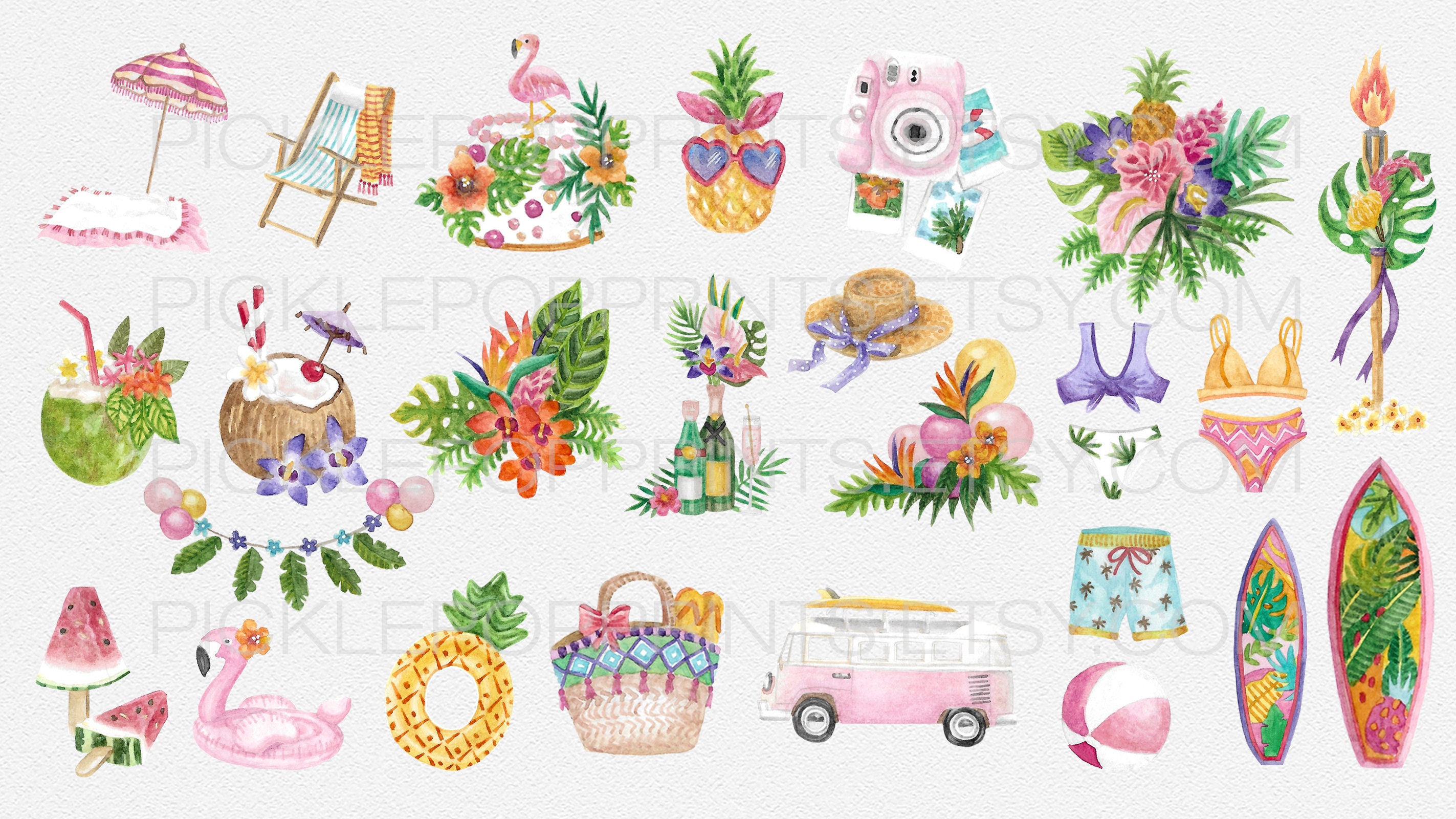 Summer Break Watercolor Clipart, Handpainted, Beach, Pool, Flamingo ...