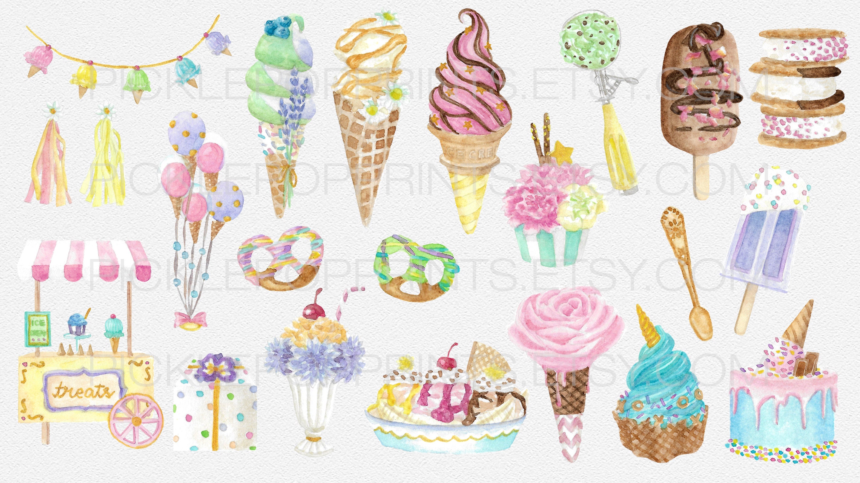 Ice Cream Party Watercolor Clipart, Hand Painted, Popsicle, Summer ...