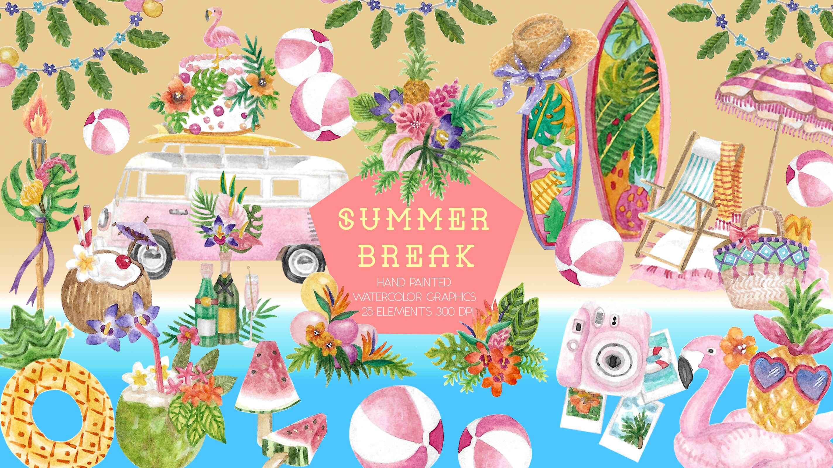 Summer Break Watercolor Clipart, Handpainted, Beach, Pool, Flamingo ...