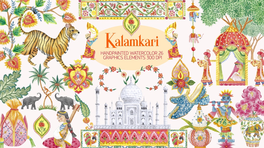 Kalamkari Watercolor Clipart, Digital Graphics, Wedding, Paisley ...