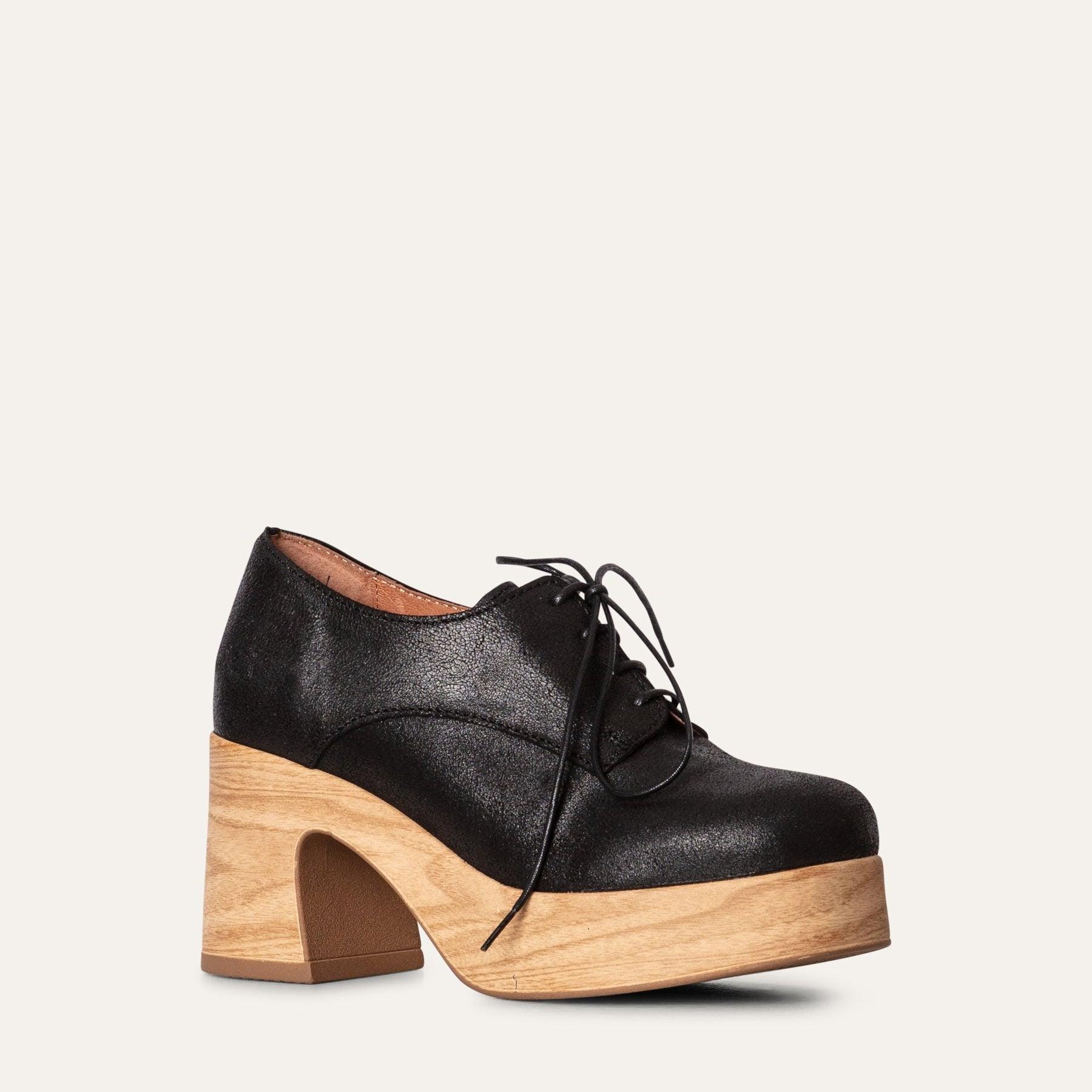 Black Cracked Leather Lace-up Clogs - Calou Stockholm High Heel Shoes ...