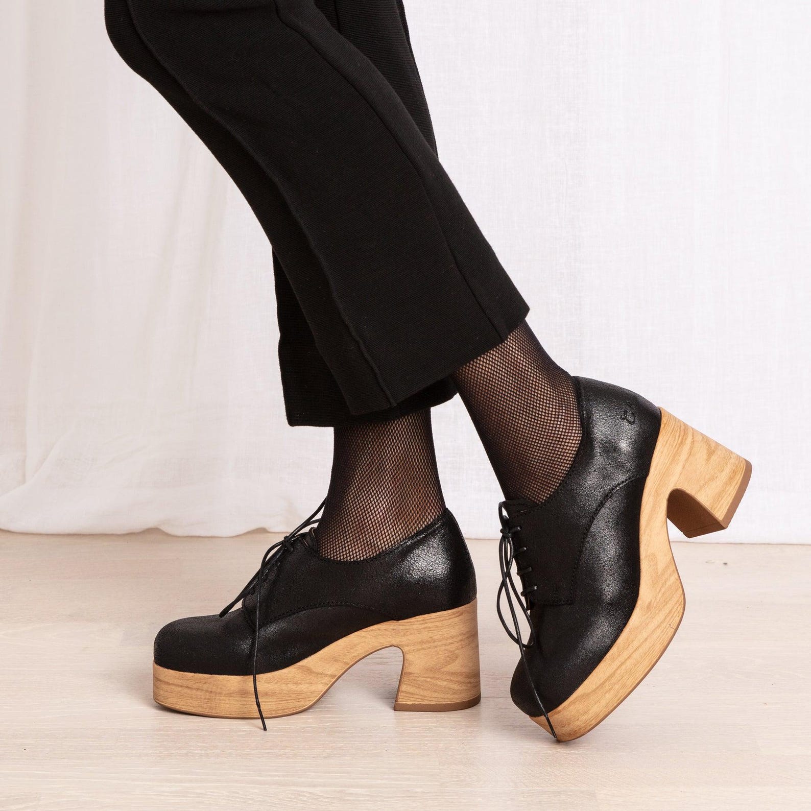 Black Cracked Leather Lace-up Clogs - Calou Stockholm High Heel Shoes ...