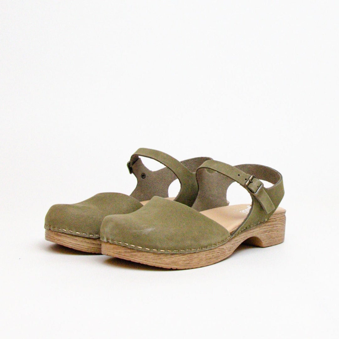 Khaki Flat Mary Jane Clogs, Low Heeled Swedish Clogs, Women Clogs ...