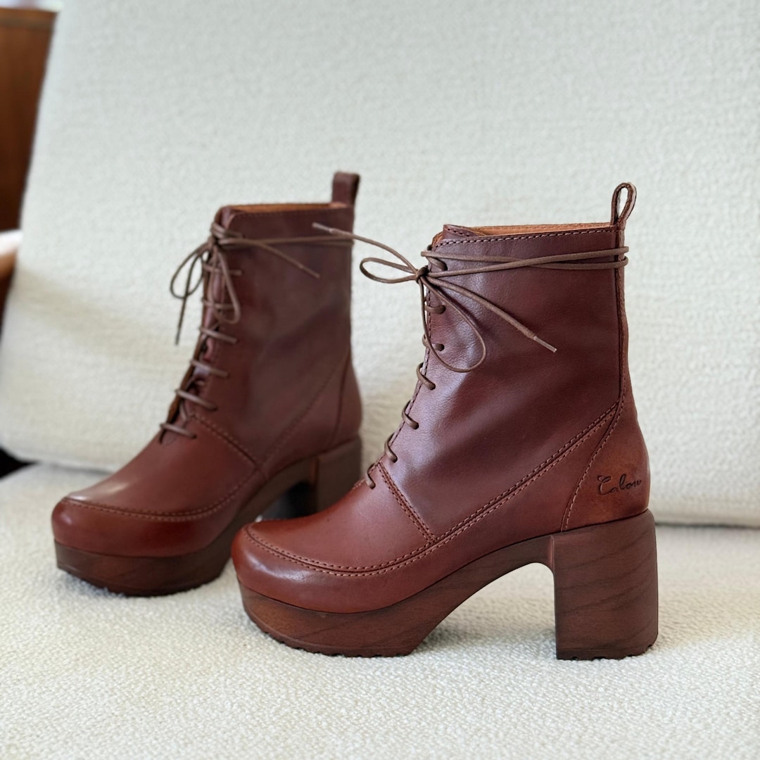 Brown Leather Lace-up Clog Boots: Handmade in Portugal - Etsy