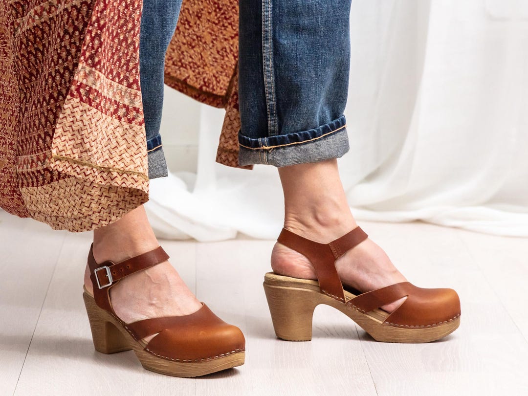 Mary Jane High Heel Clog in Tan Leather, Penny Brown - Calou Stockholm ...
