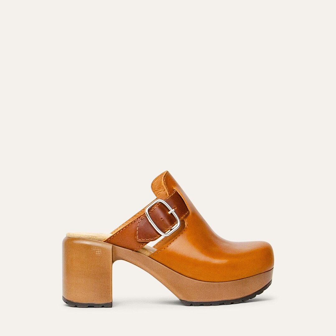 Brown Clog With Buckled Ankle Strap High Heel-tuva Brown, Calou ...