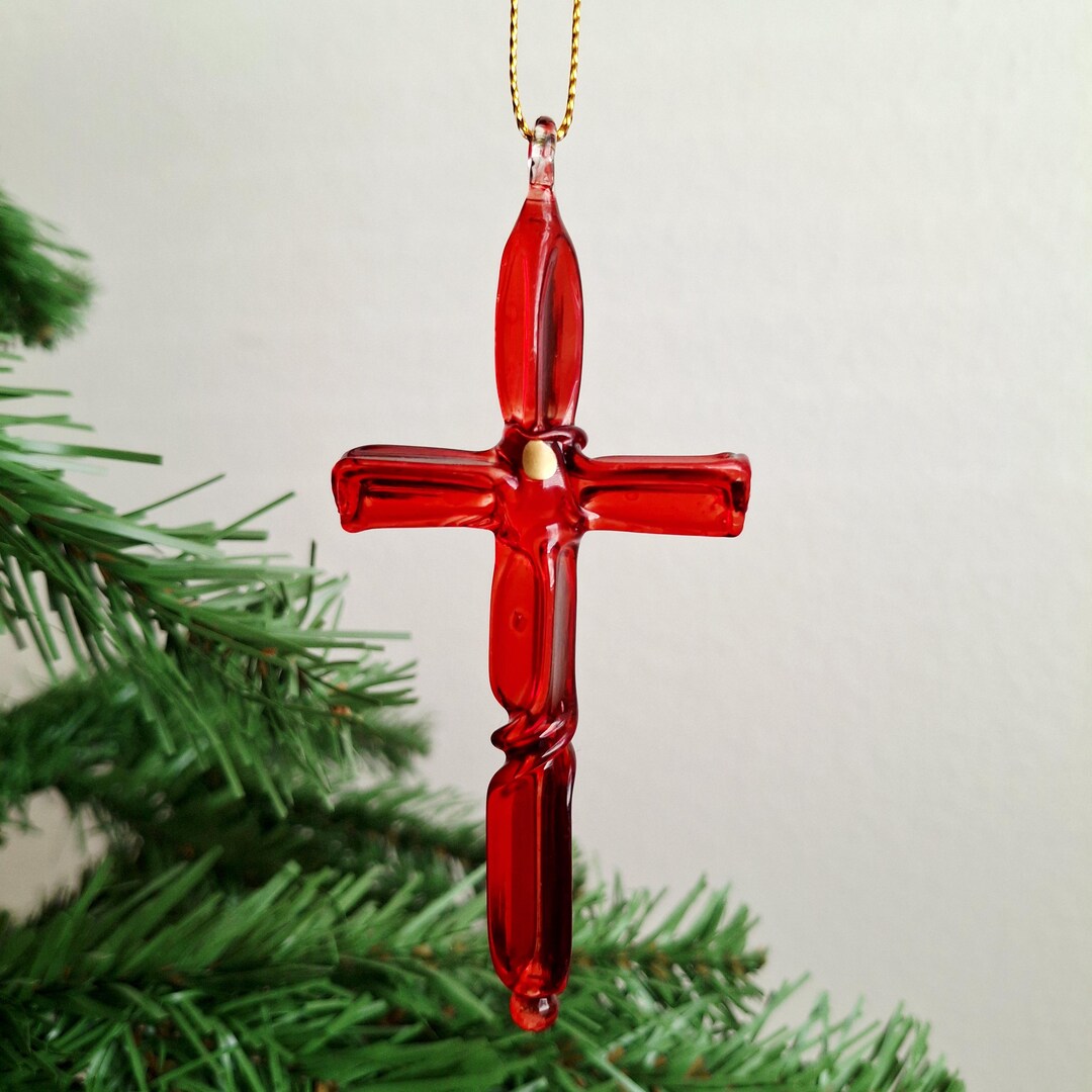 Red Classic Glass Cross Ornament – Mouth Blown Glass Christian Decor ...