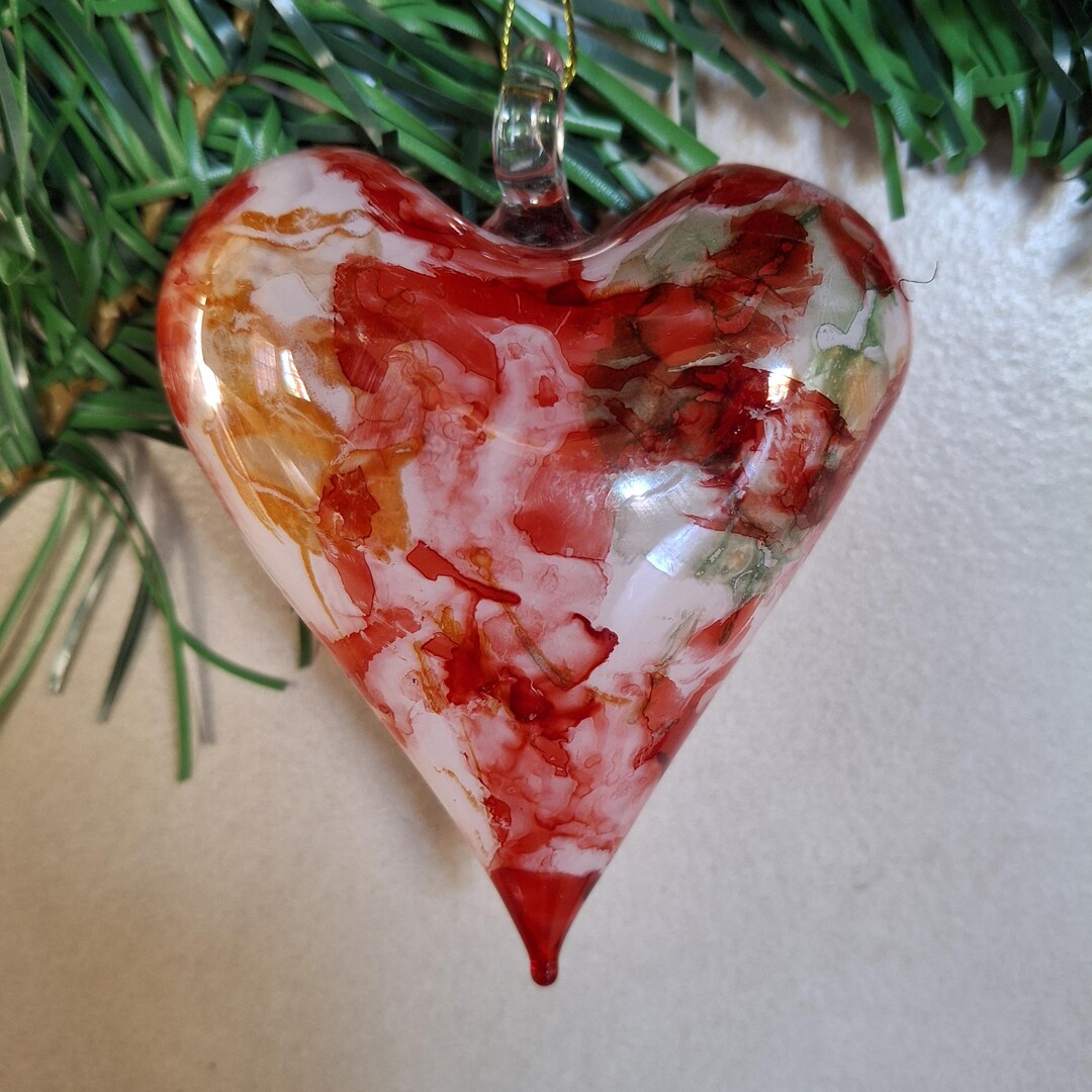 Marble-red Glass Heart Ornament • Handblown Pyrex • 10K Gold Details ...