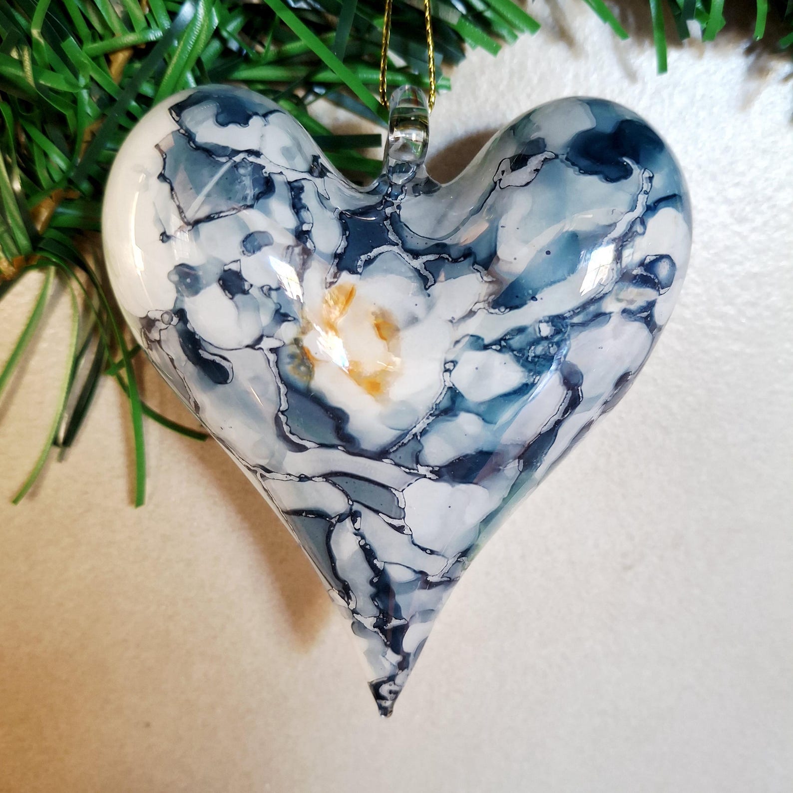 Marble-blue Glass Heart Ornament • Handblown Pyrex • 10K Gold Details ...