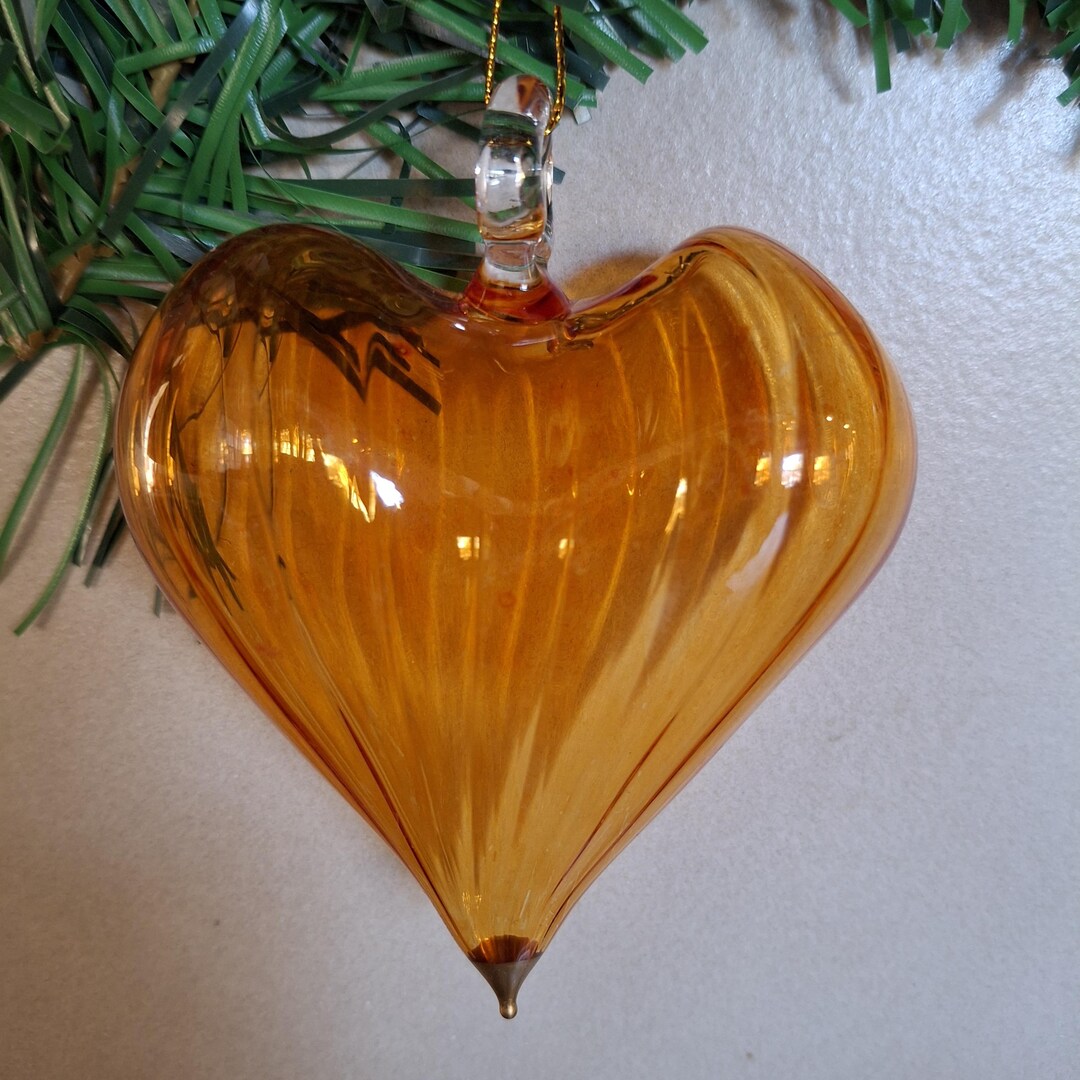 Orange Mouth-blown Glass Heart Ornament • Handblown Pyrex • 10K Gold ...