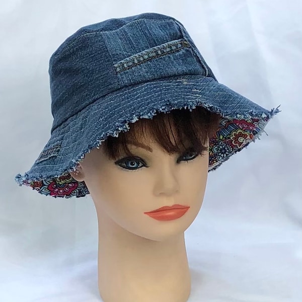 Unique Rugged Denim Upcycled Bucket Hat With Boho Rim - Etsy