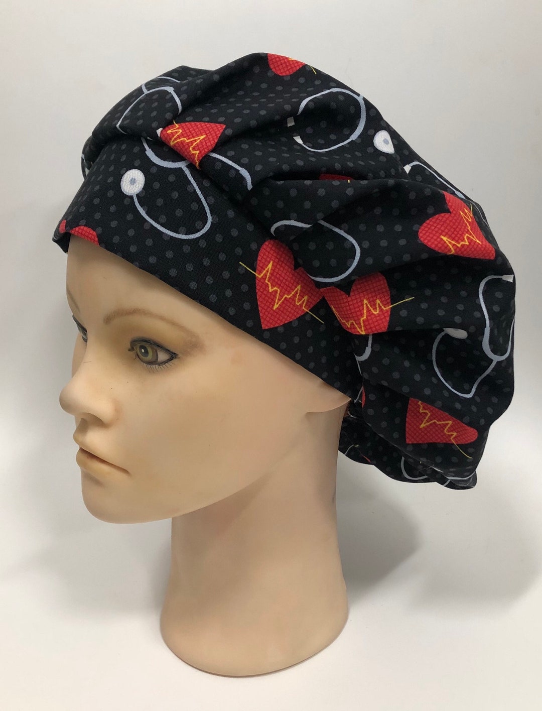 Red Heart Stethoscope EKG Surgical Scrub Cap Bouffant Style/chef Hat ...