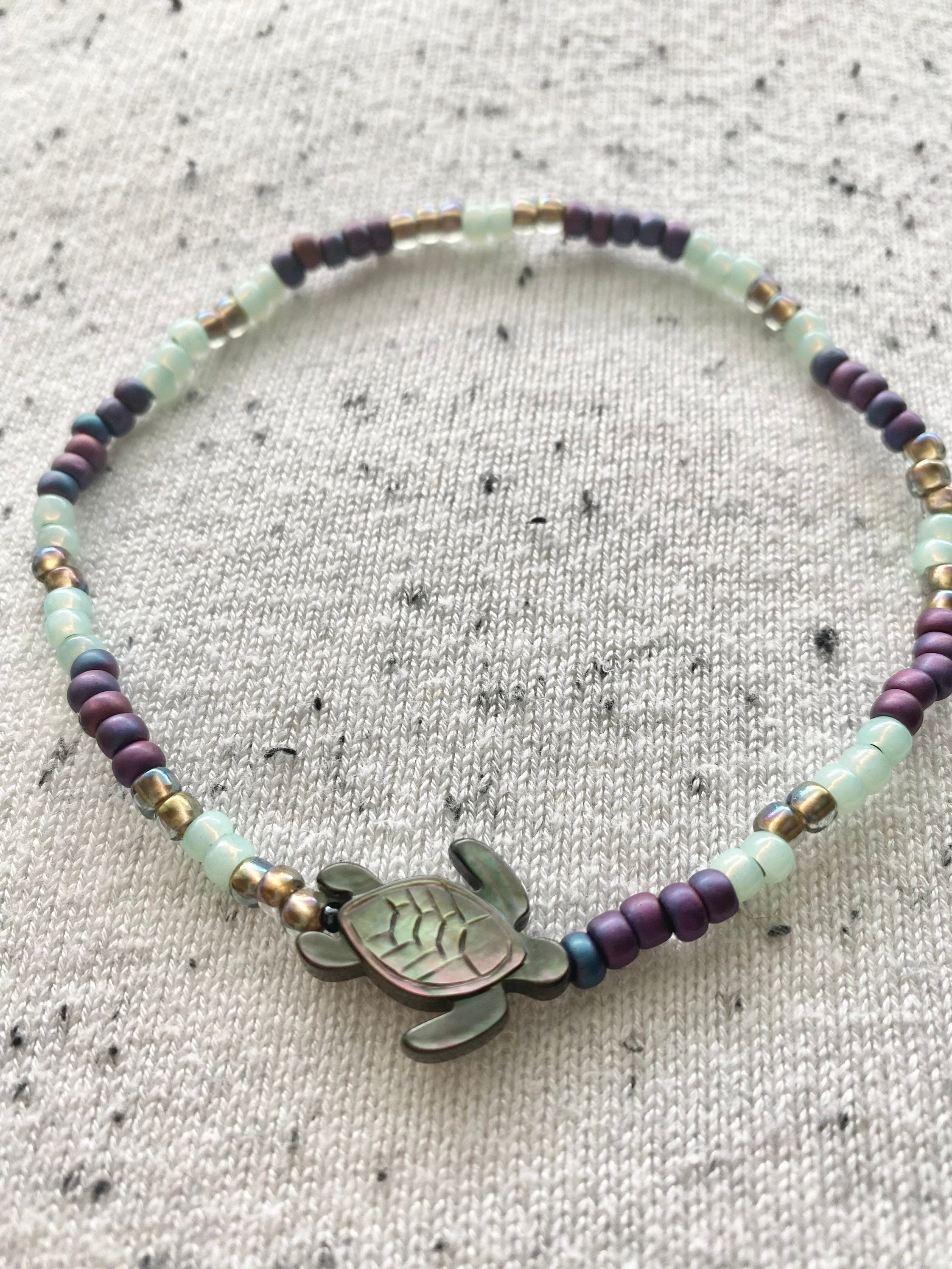 Sea Turtle Anklet, Abalone Shell Anklet, Purple and Sea Green Beaded ...