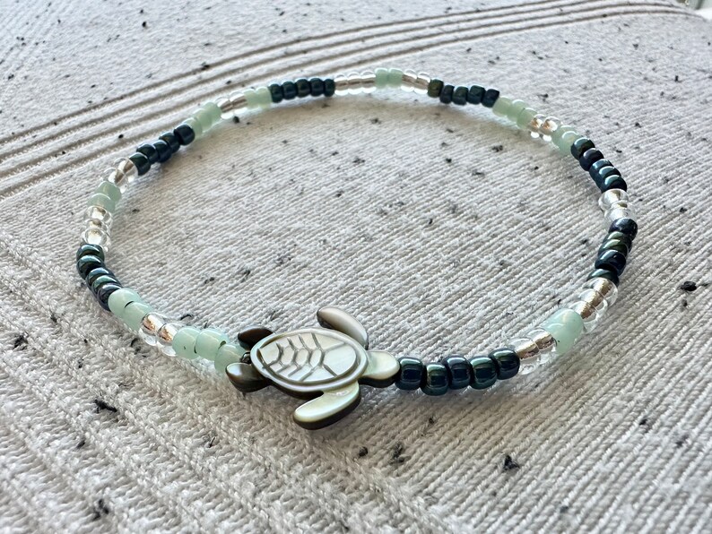 Sea Turtle Anklet, Abalone Shell Anklet, Dark Blue Sea Green Beaded ...