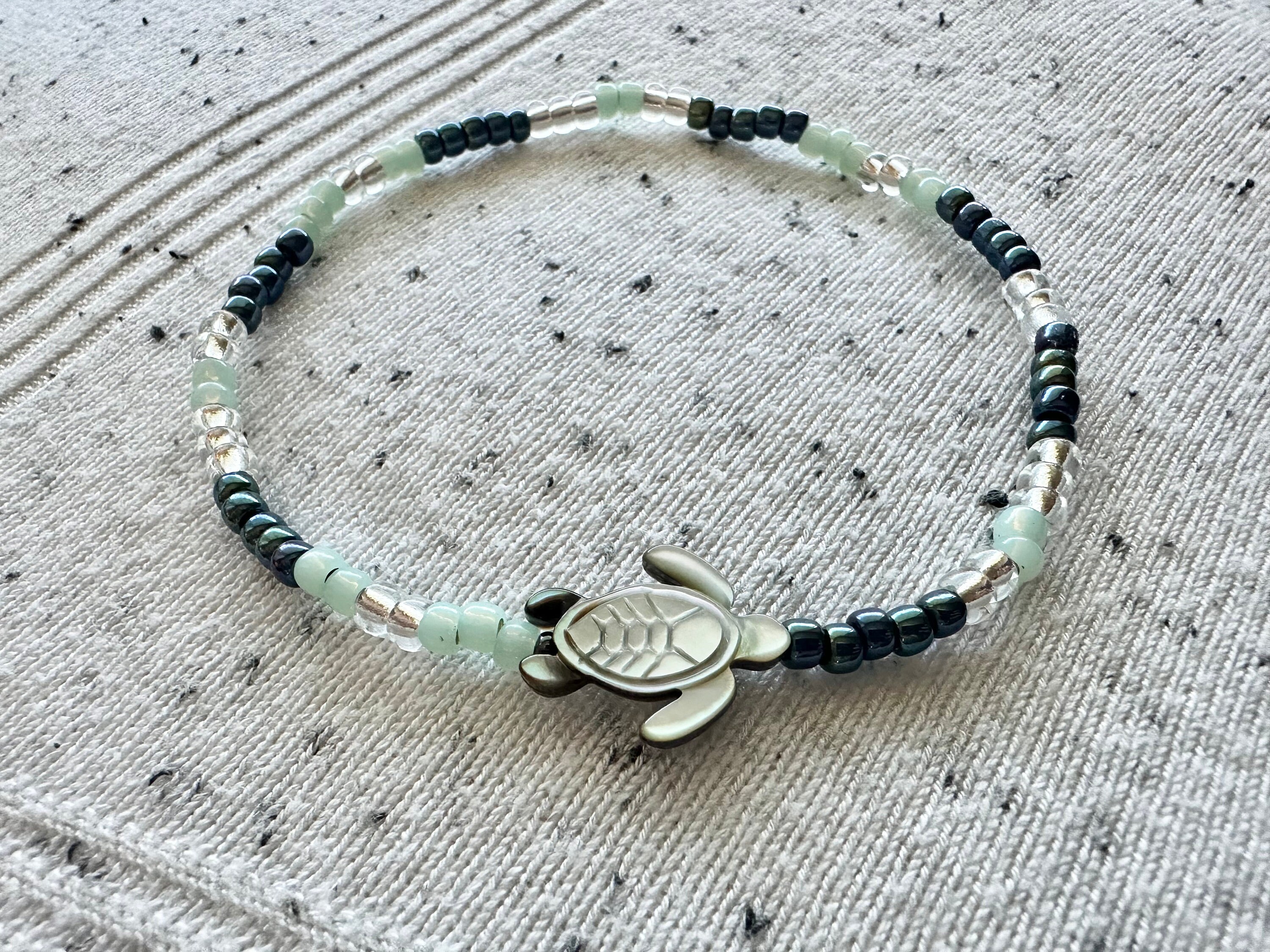 Sea Turtle Anklet, Abalone Shell Anklet, Dark Blue Sea Green Beaded ...