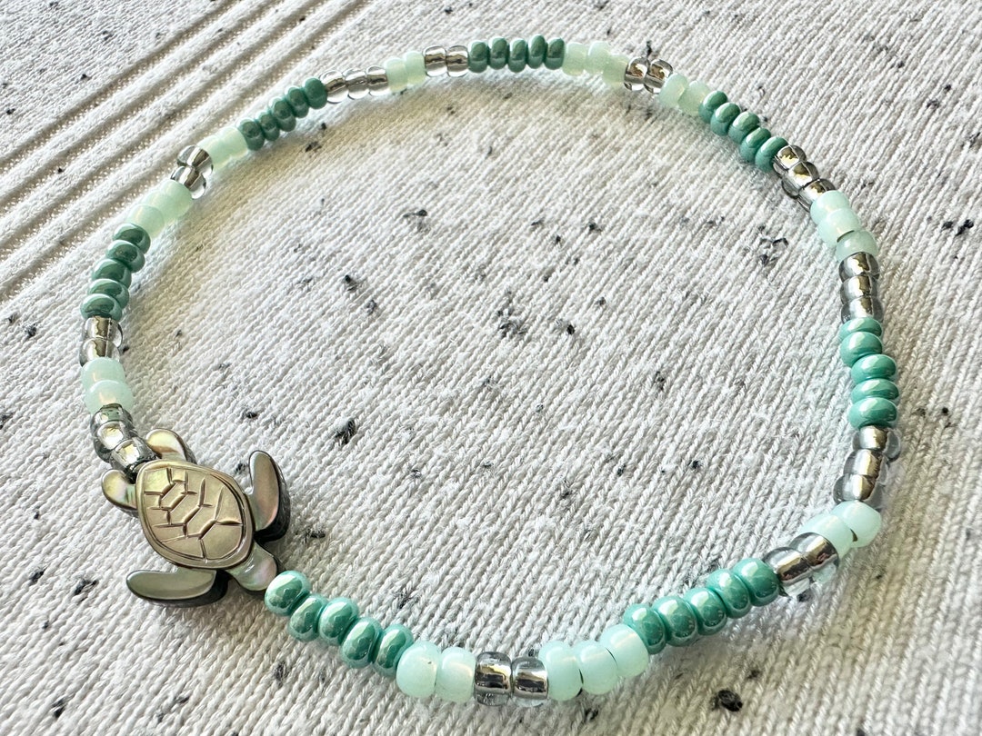 Sea Turtle Anklet, Mother of Pearl Beaded Bracelets, Water-safe Boho ...