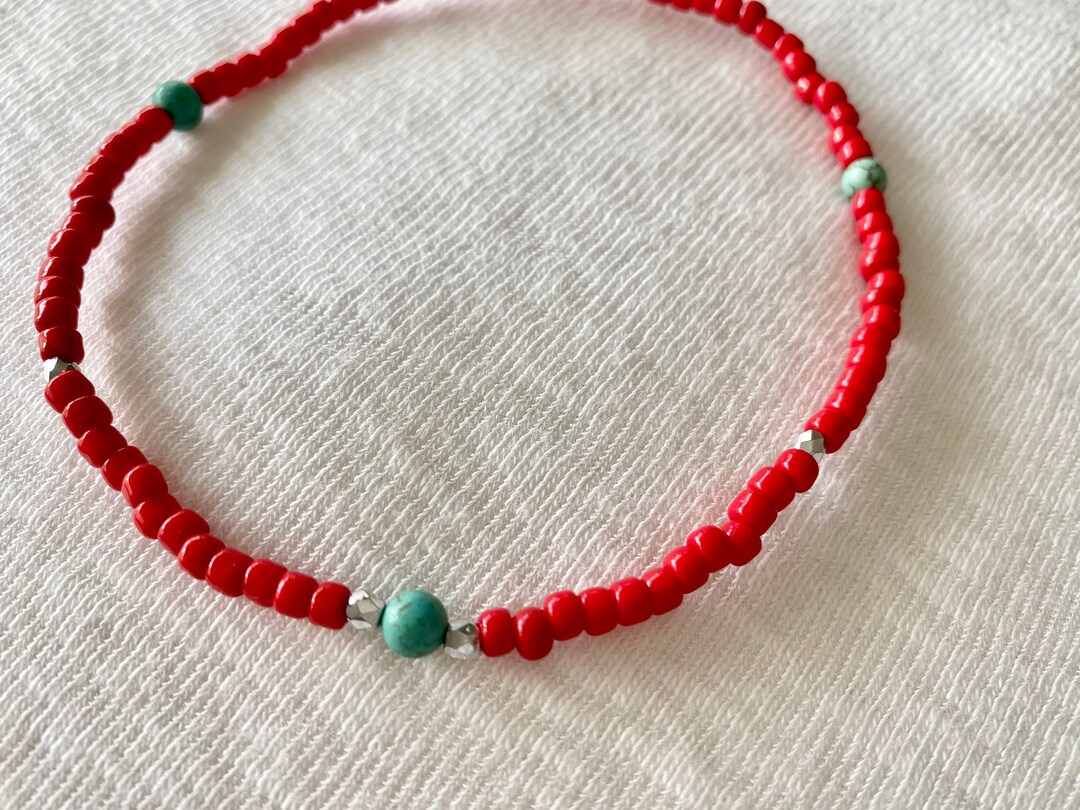 Anklet, Turquoise and Red Anklet, Stretchy Anklet, Ankle Bracelet ...