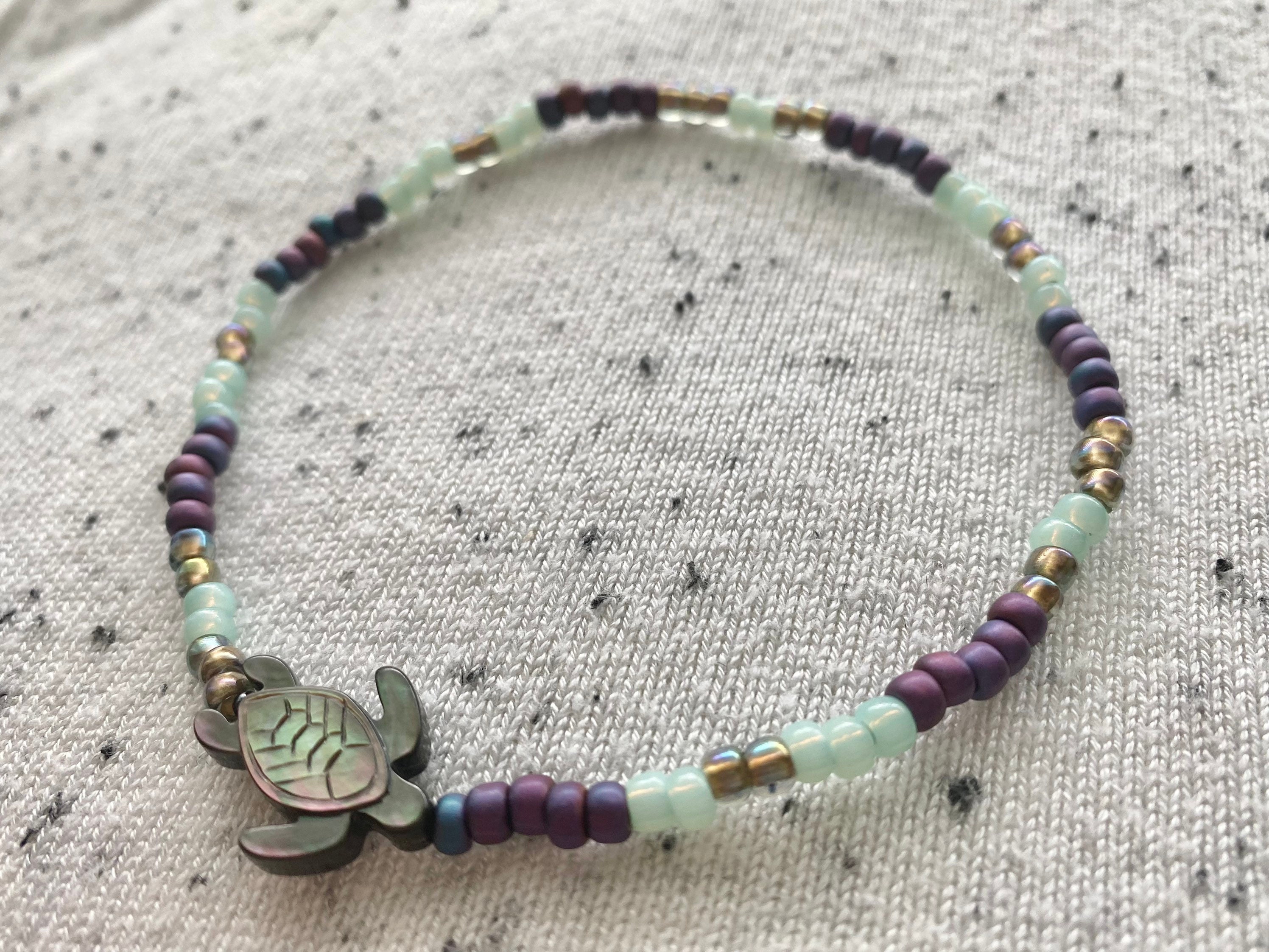 Sea Turtle Anklet, Abalone Shell Anklet, Purple and Sea Green Beaded ...