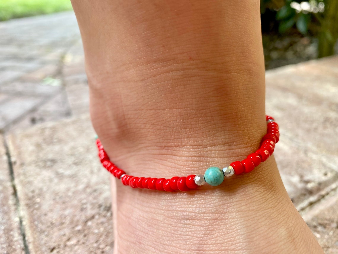 Anklet Turquoise and Red Anklet Stretchy Anklet Ankle | Etsy