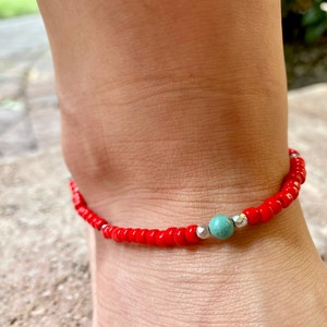 Anklet, Turquoise and Red Anklet, Stretchy Anklet, Ankle Bracelet ...