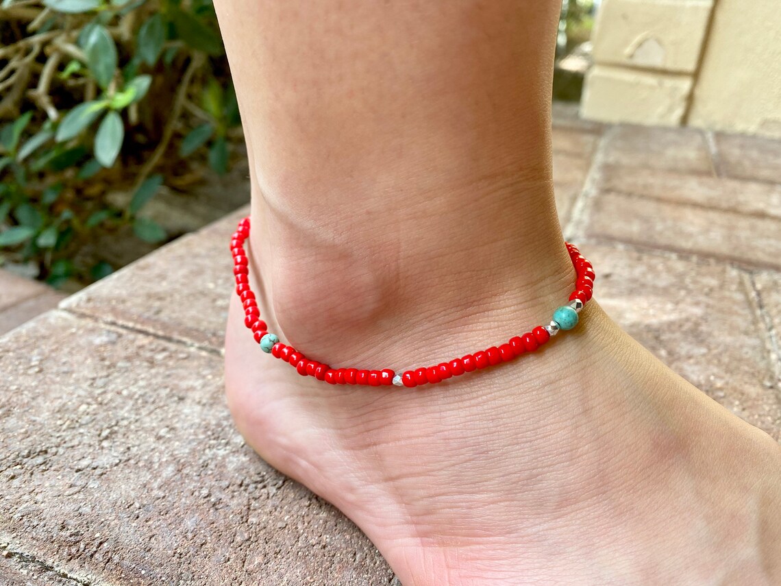 Anklet Turquoise and Red Anklet Stretchy Anklet Ankle | Etsy