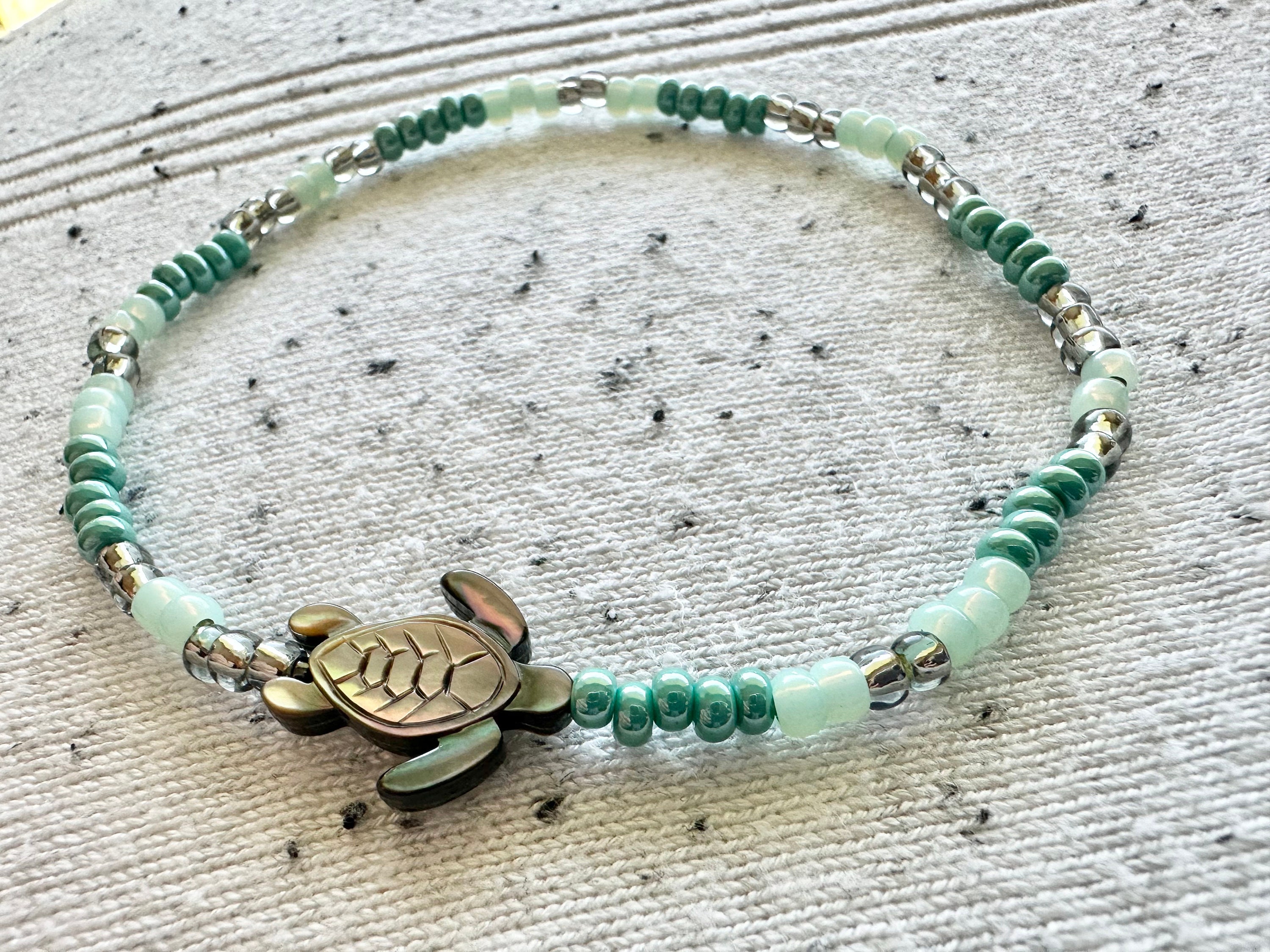 Sea Turtle Anklet, Mother of Pearl Beaded Bracelets, Water-safe Boho ...