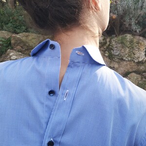 Women's Collegiate Style Blue Check Blouse, Button Down Back, Round ...