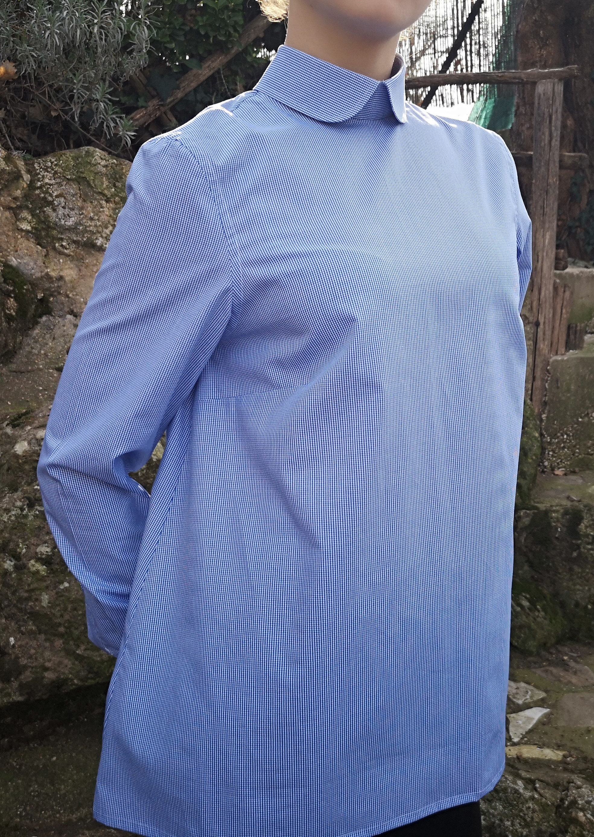 Women's Collegiate Style Blue Check Blouse, Button Down Back, Round ...