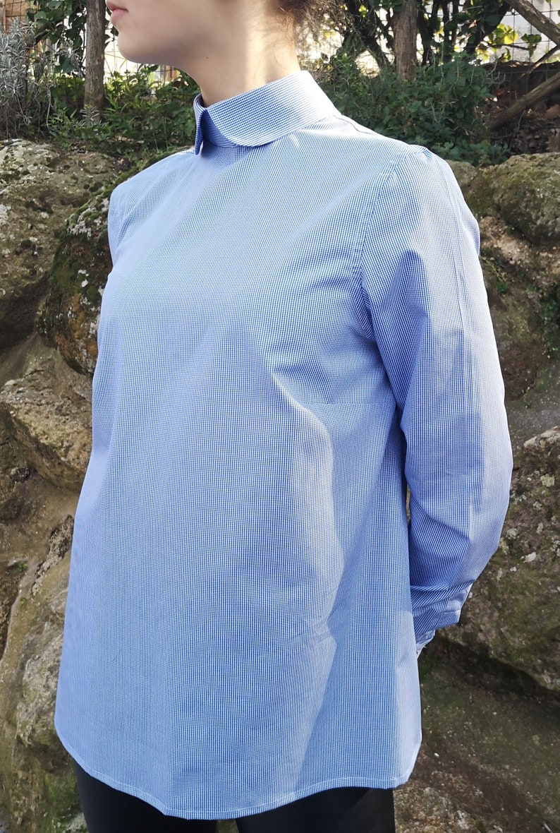 Women's Collegiate Style Blue Check Blouse, Button Down Back, Round ...