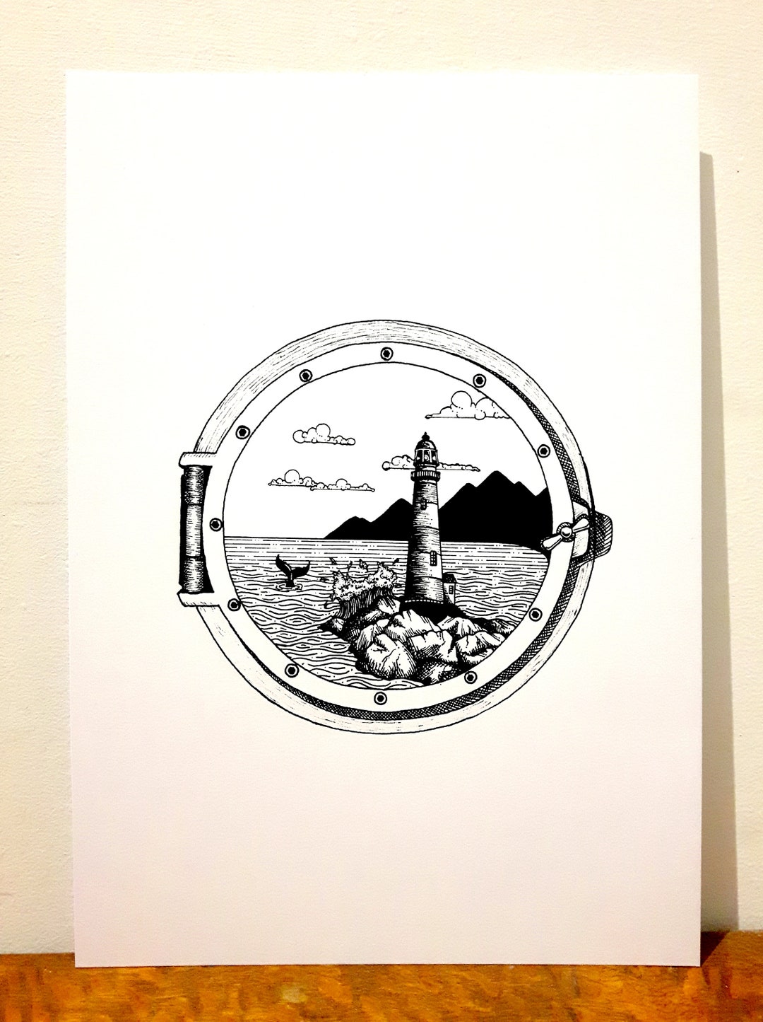 Print - Lighthouse Out the Porthole - Pen and Ink Illustration - Etsy