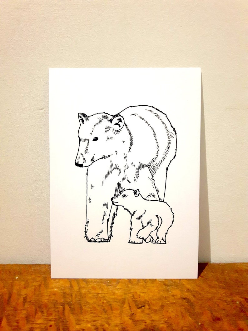 Print - Mother & Cub Polar Bear Pen and Ink Illustration - Etsy