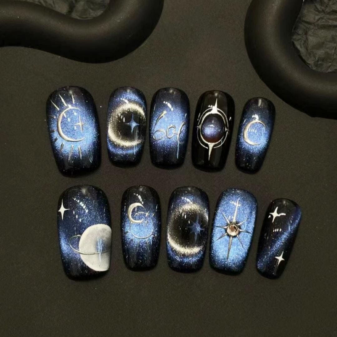 Cat's Eye Galaxy Press on Nails: Hand-drawn Celestial Gel Nails - Etsy