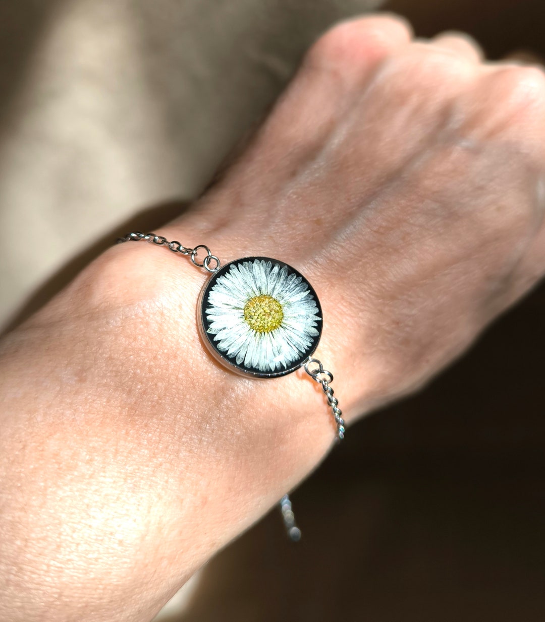 Pressed Daisy Flower Bracelet, Dried Real Daisy Jewelry, Nature ...
