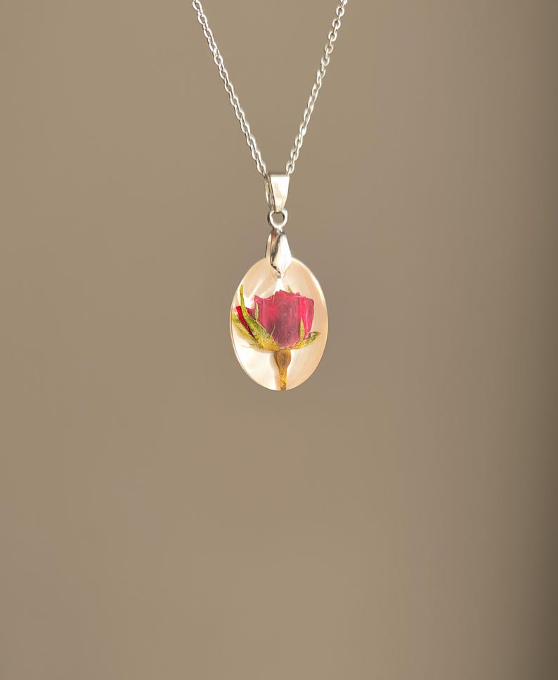 Pressed Real Red Rose Resin Necklace: Romantic Floral Pendant, Rose ...