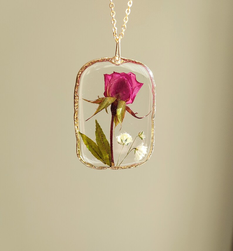 Real Pressed Rose Necklace Dried Rose Pendant Rose Resin - Etsy